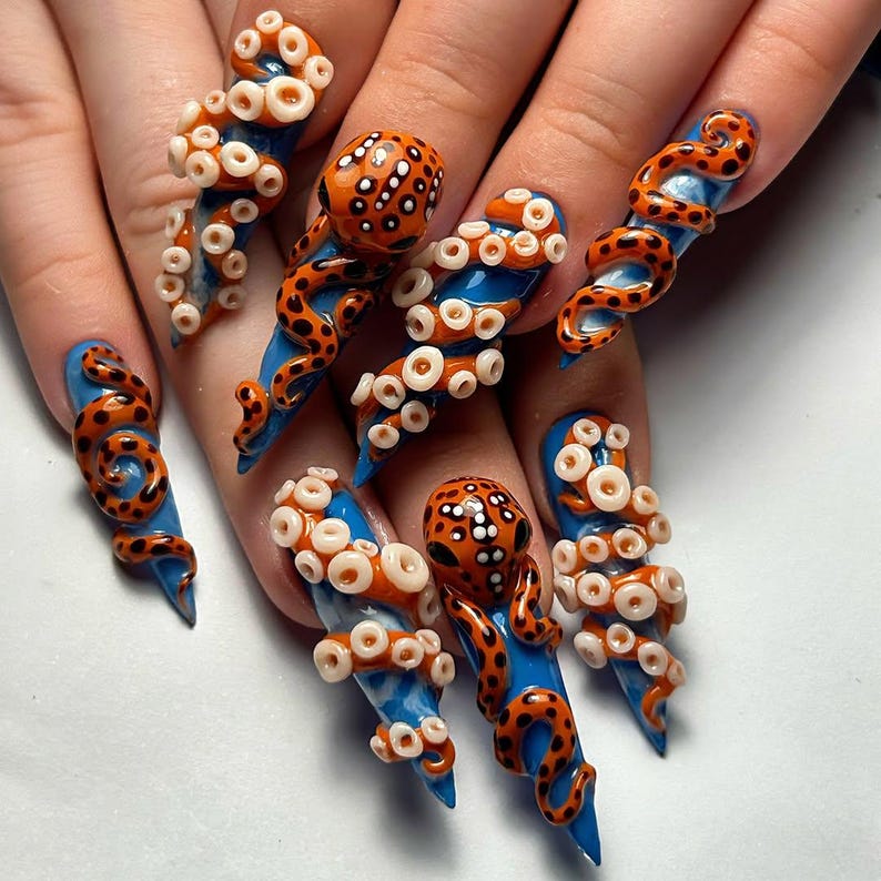 Deep Sea Octopus Press on Nails | 3D Tentacle Nail Art | Blue Ocean ...
