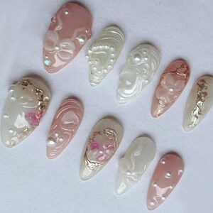 Pastel Pink Gel Nails Gel-embossed Press on Nails With Elegant Designs ...