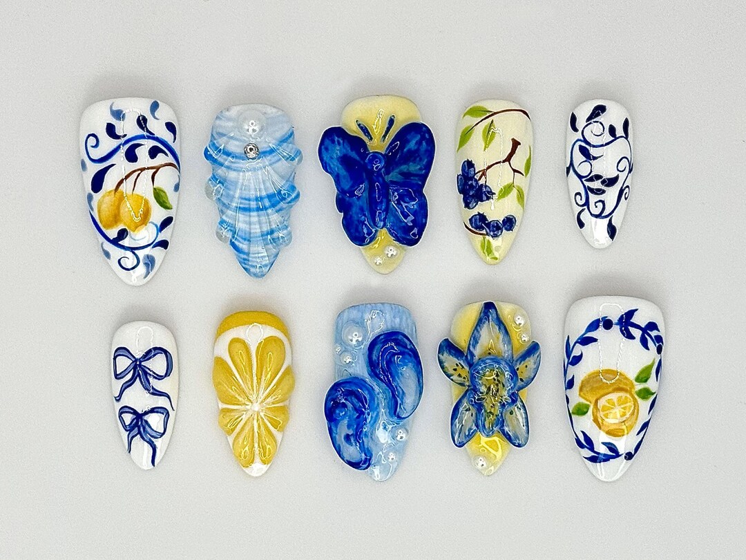 Bluebird, Lemon Theme Short Press on Nails | Citrus & Blue Butterfly ...