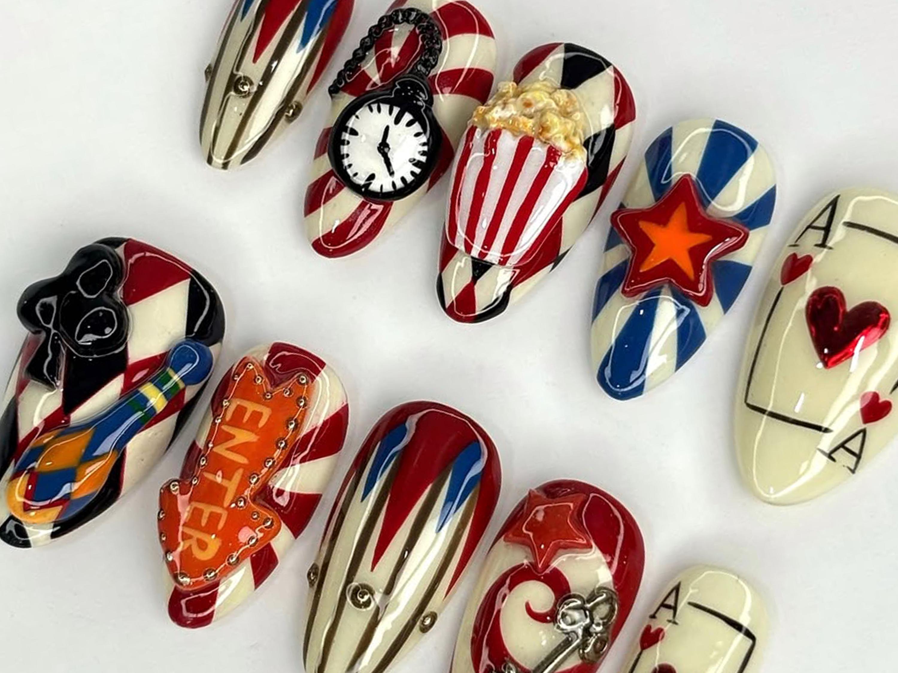 Carnival Circus Press on Nails | Popcorn Game Nail Art | Retro Red Blue ...