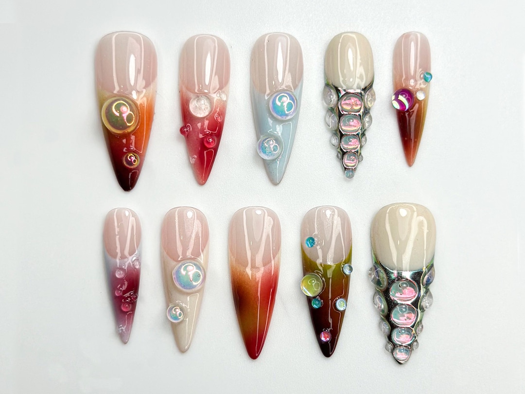 Iridescent Gradient Bubble Press on Nails | Glassy Chrome Pearl Accents ...