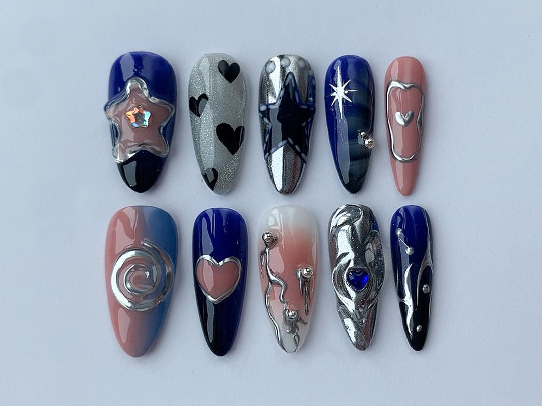 3D Freestyle Press on Nails | Dark Blue Ombre Handpainted Nail Set ...