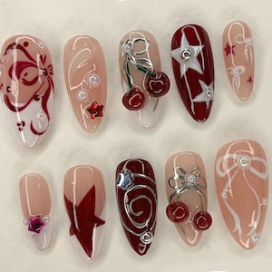 Red Cherry Blossom Nails | Cute Red & White Press on Nails | Y2K Star ...