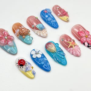 Tropical Sea Turtle Press on Nails | 3D Beach Shell & Starfish Nails ...