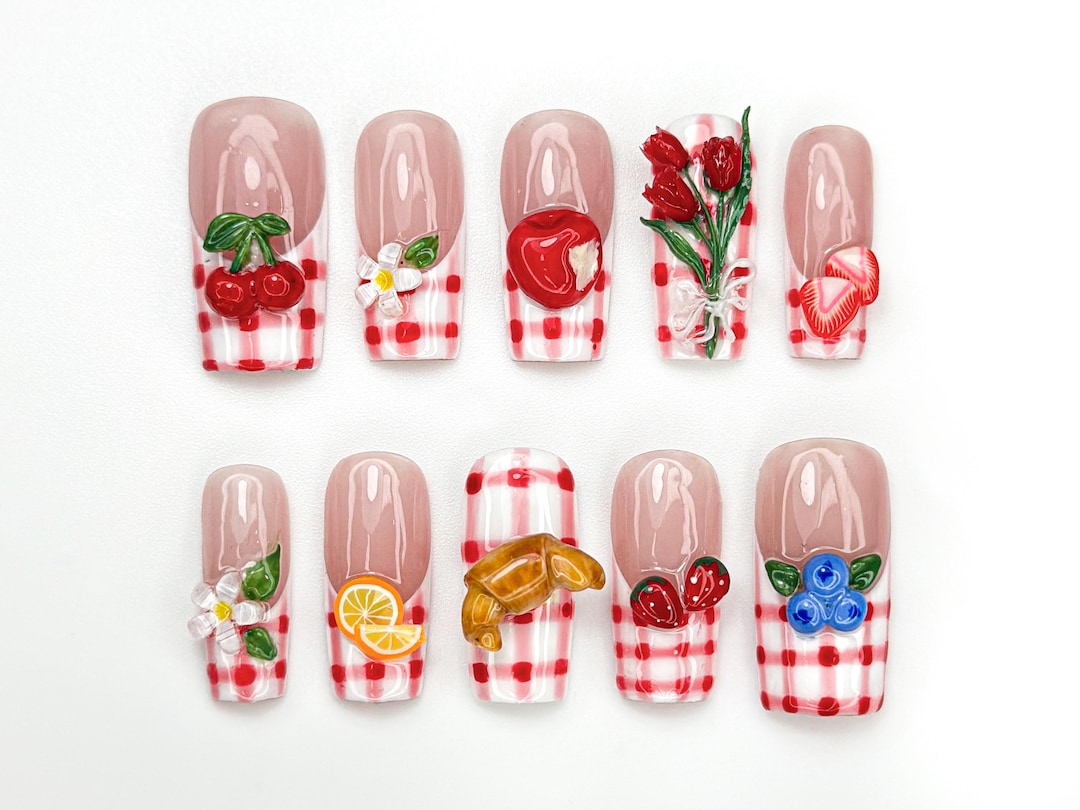 Picnic Summer Vibe Press on Nails | Gingham French Tips | 3D Fruit ...