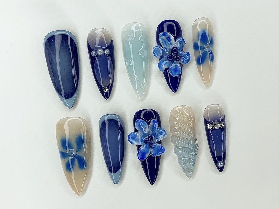 Stunning Blue Press on Nails Dark Blue Ombre Nail Set Custom 3D Orchad ...