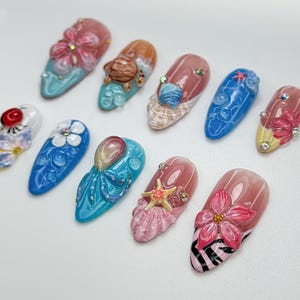 Tropical Sea Turtle Press on Nails | 3D Beach Shell & Starfish Nails ...