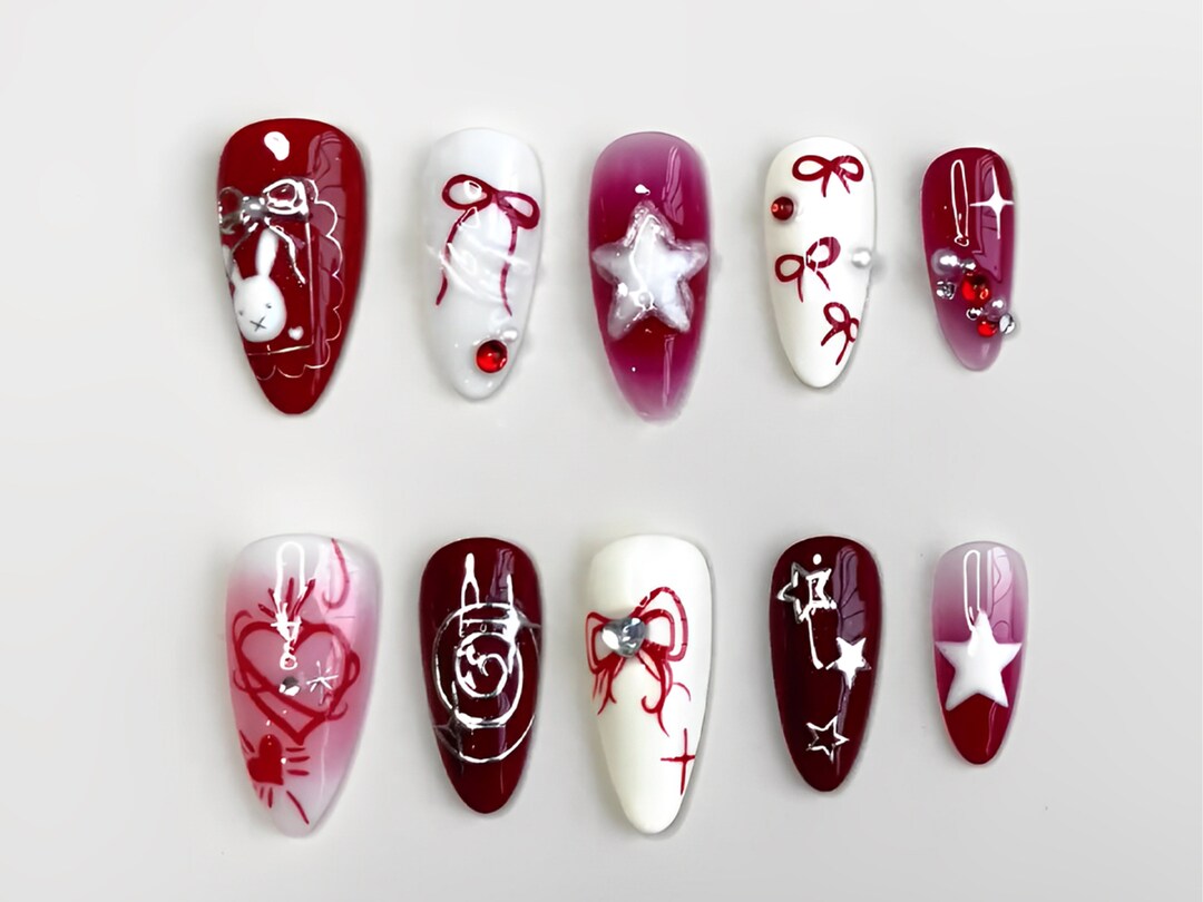 Y2k-inspired Press on Nails | Y2k Nail Set With Elegant Motifs | Red ...