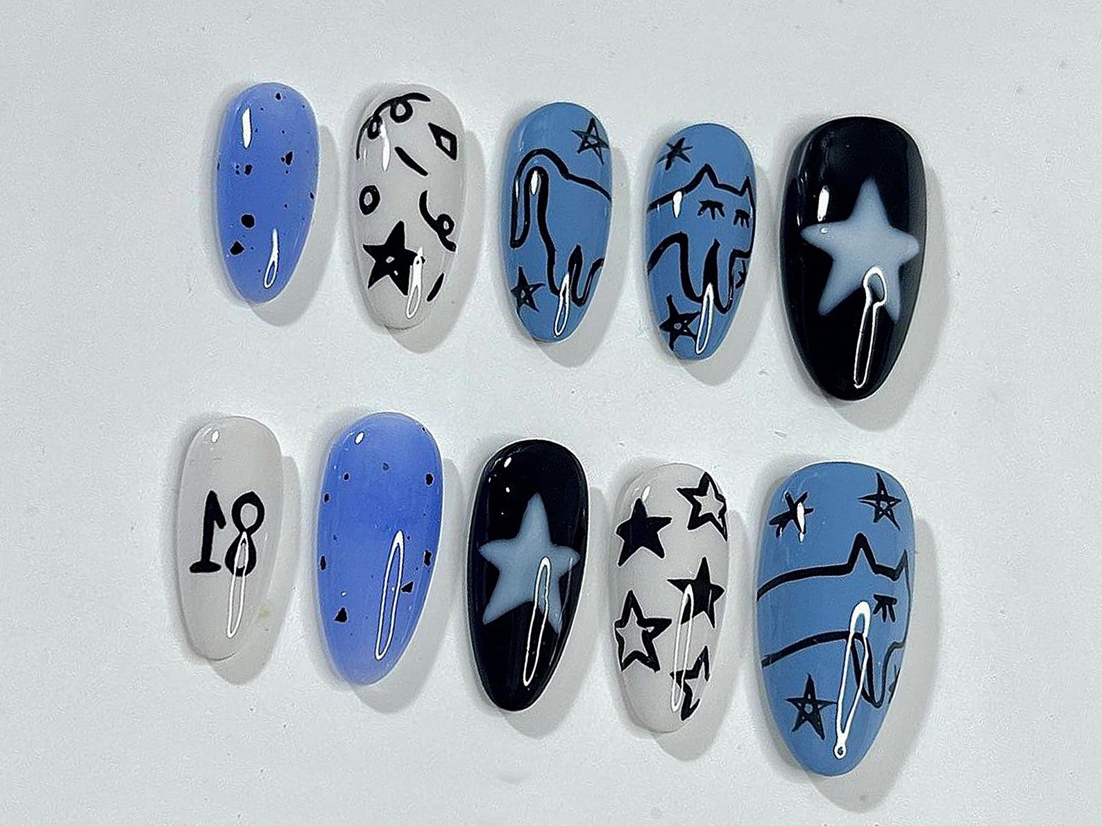 Dark Blue Acubi-style Nails | Blue and White Press on Nails | Y2k ...
