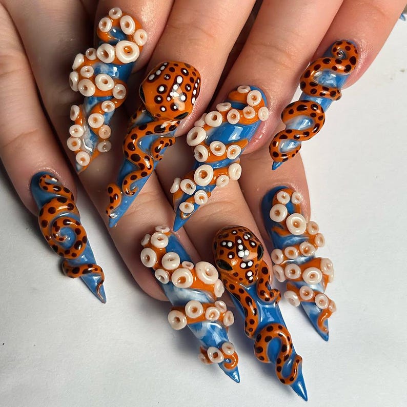 Deep Sea Octopus Press on Nails | 3D Tentacle Nail Art | Blue Ocean ...