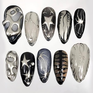 Custom Acubi-style Nail Set | Black White Ombre Press on Nails | Almond ...