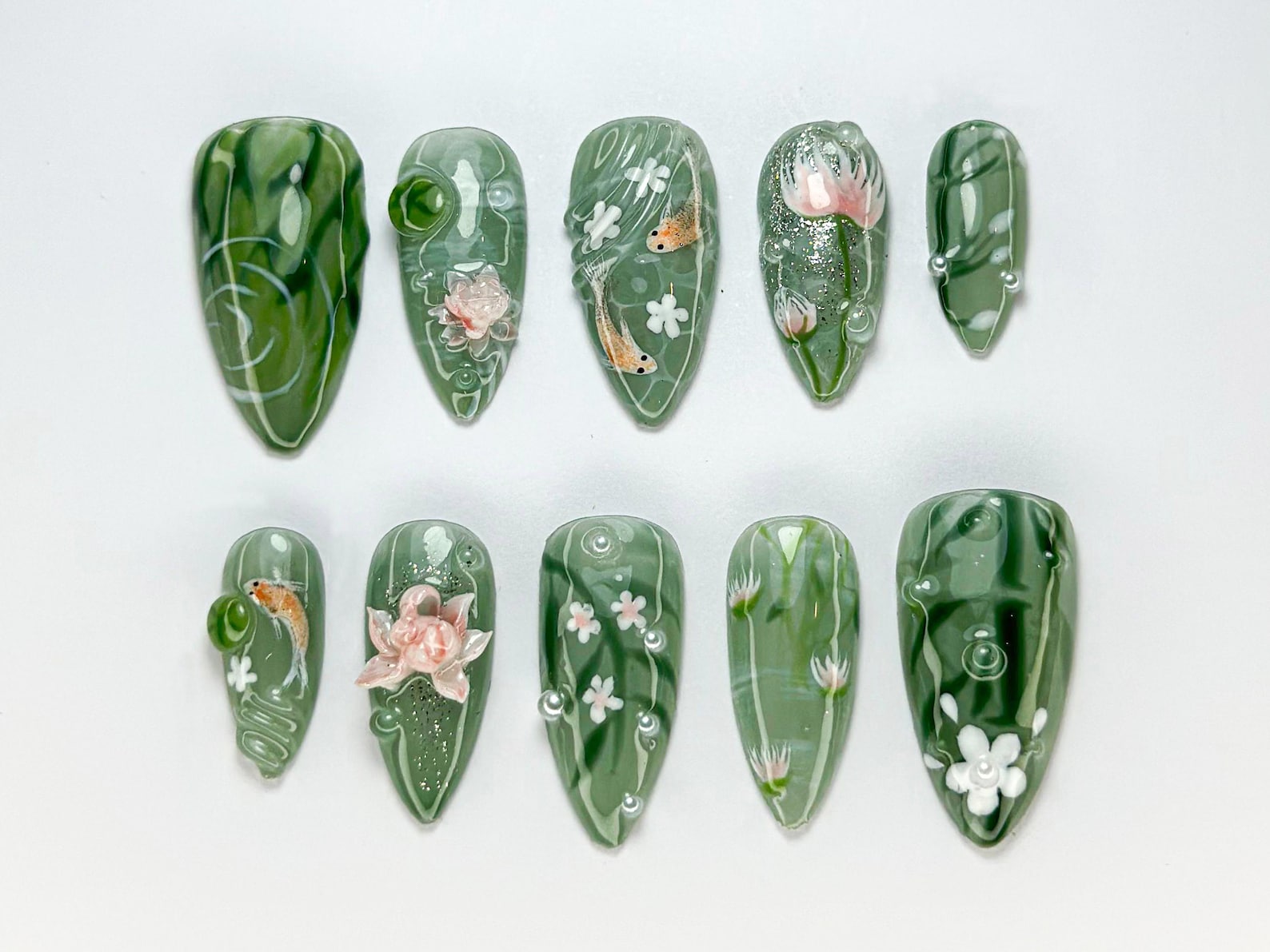 Green Forest Koi Press-on Nails | Handmade Koi Fish Nail Set | Green ...