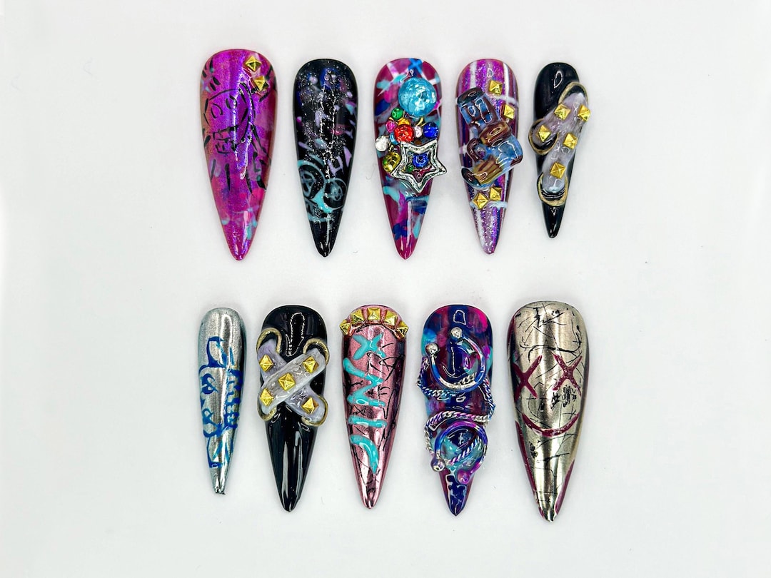 Arcane Jinx-inspired Press on Nails | League of Legends Arcane Nails ...