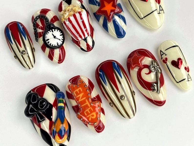 Carnival Circus Press on Nails | Popcorn Game Nail Art | Retro Red Blue ...