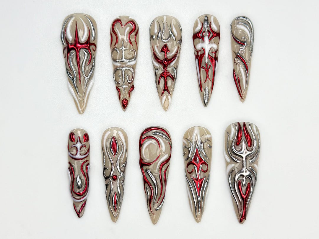 Red Silver Gothic Press on Nails | 3D Gothic Warrior Nail Art ...