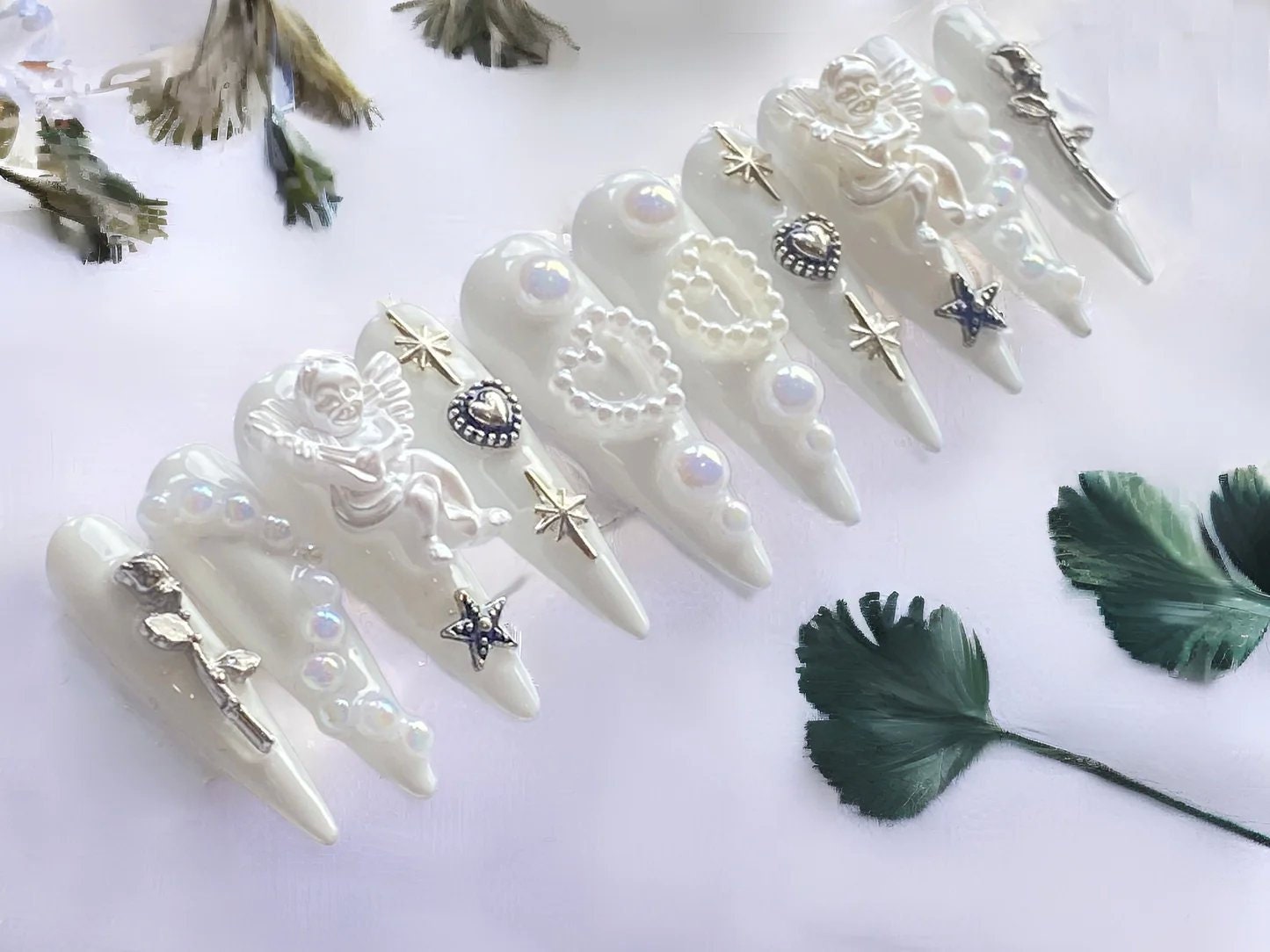 Angel Press on Nails-heavenly Glamour Elegant White Designs With ...