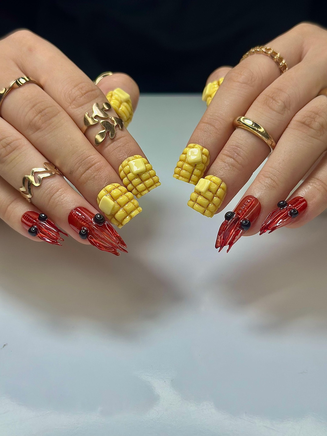 Corn & Crawfish Press on Nails | 3D Food-inspired Nail Art | Yellow ...