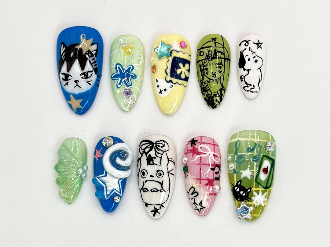 Whimsical Cartoon Press on Nails | Unique Cartoon Nail Art | Hand ...
