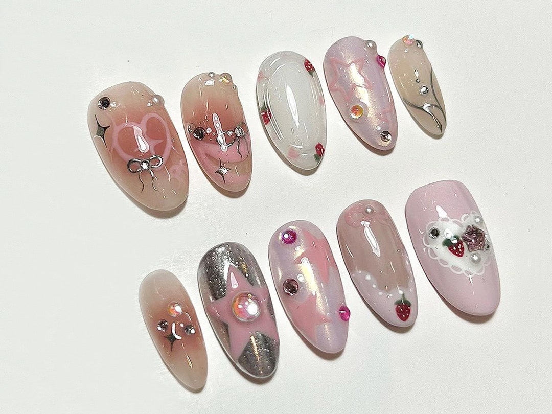 Pastel Pink Gel Nails Gel-embossed Press on Nails With Strawberry ...
