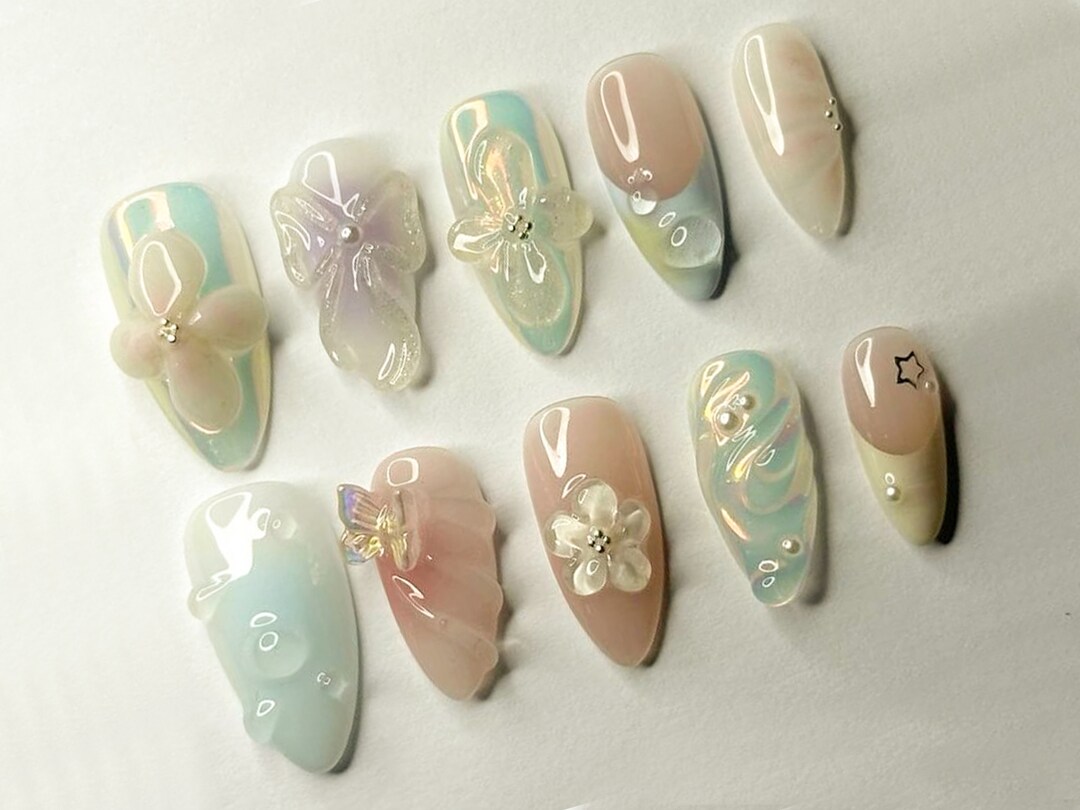 Pastel Press on Nails With Gemstone Accents Vibrant Floral Nail Set ...