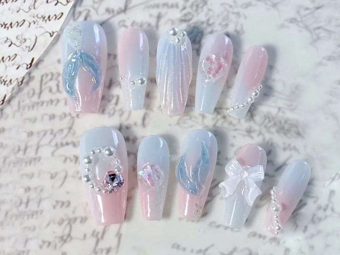 Ocean-inspired Press on Nails Pink and Blue Pastel Nail Set Seashell ...