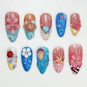 Tropical Sea Turtle Press on Nails | 3D Beach Shell & Starfish Nails ...
