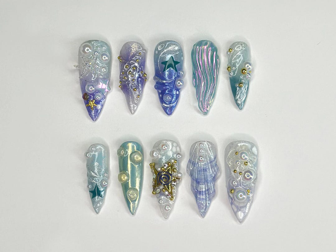 3D Tropical Beach Long Stiletto Nails | Ocean-themed With Seaweed ...