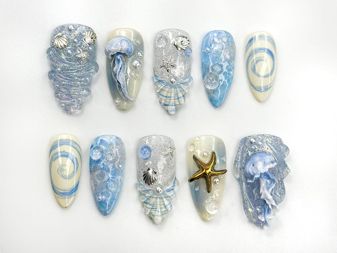 Ocean Dream Jellyfish Press on Nails | Blue Sea Fantasy Nail Art Set ...