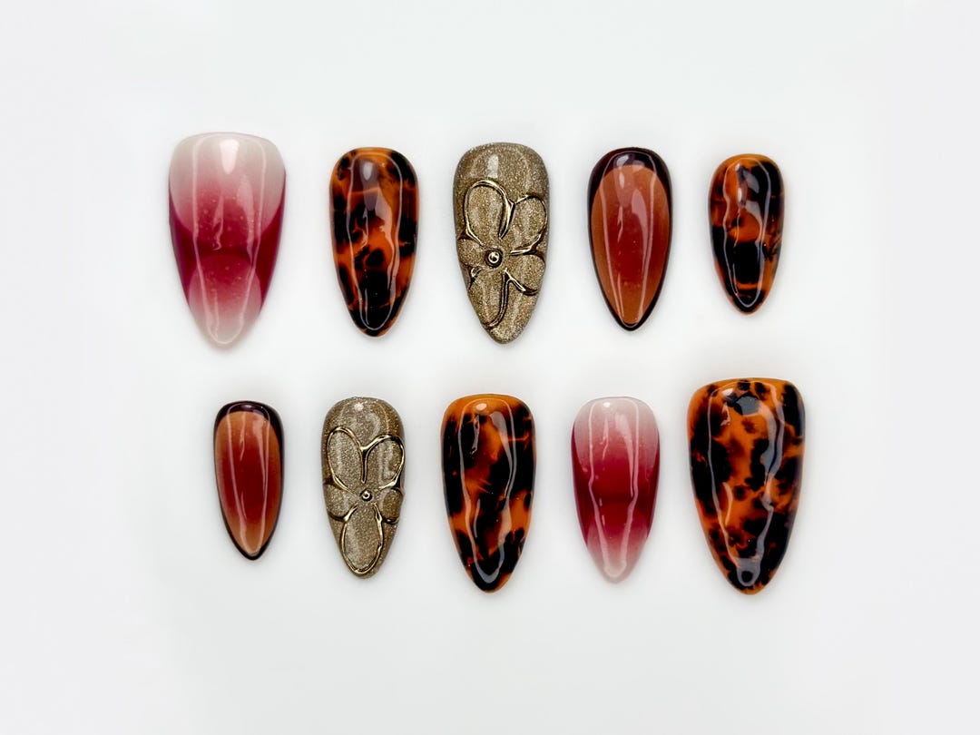 Autumn Burgundy Tortoiseshell Press on Nails | Gold Orchid Accent Nails ...