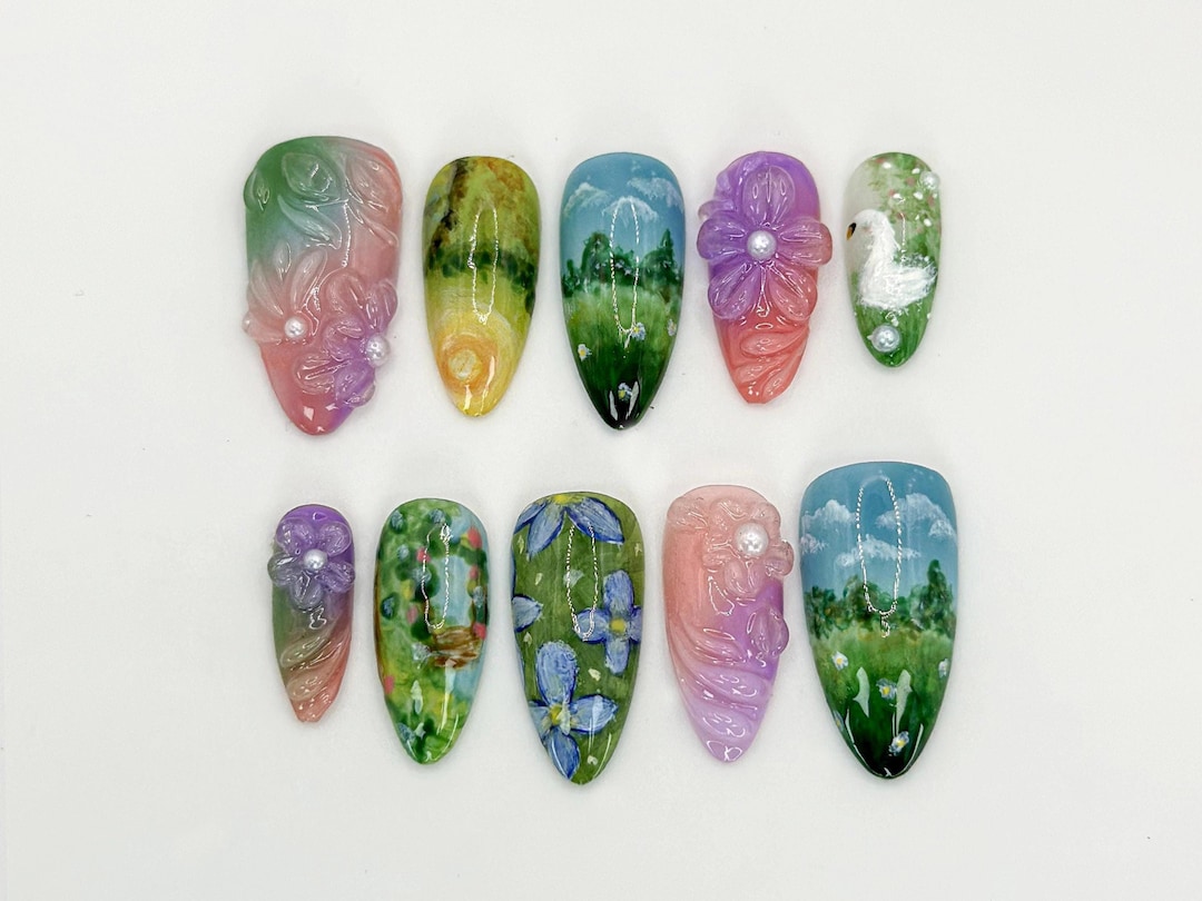 Hand-painted Spring Meadow Nails | Spring Nature-inspired Nail Art ...