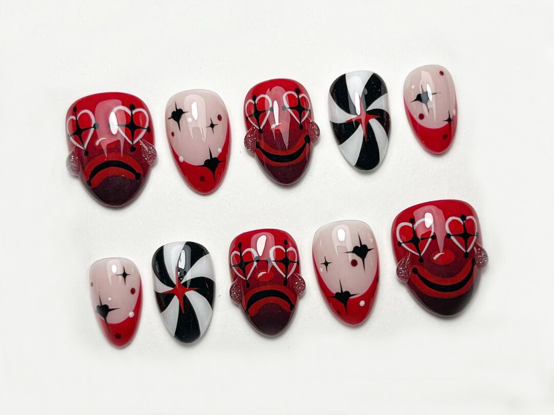 Circus Clown Press-on Nails Red and Black Joker Nail Art Spooky Clown ...