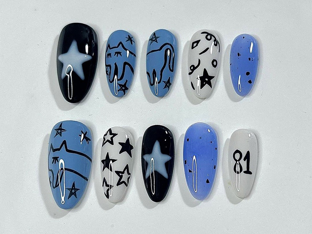 Dark Blue Acubi-style Nails | Blue and White Press on Nails | Y2k ...