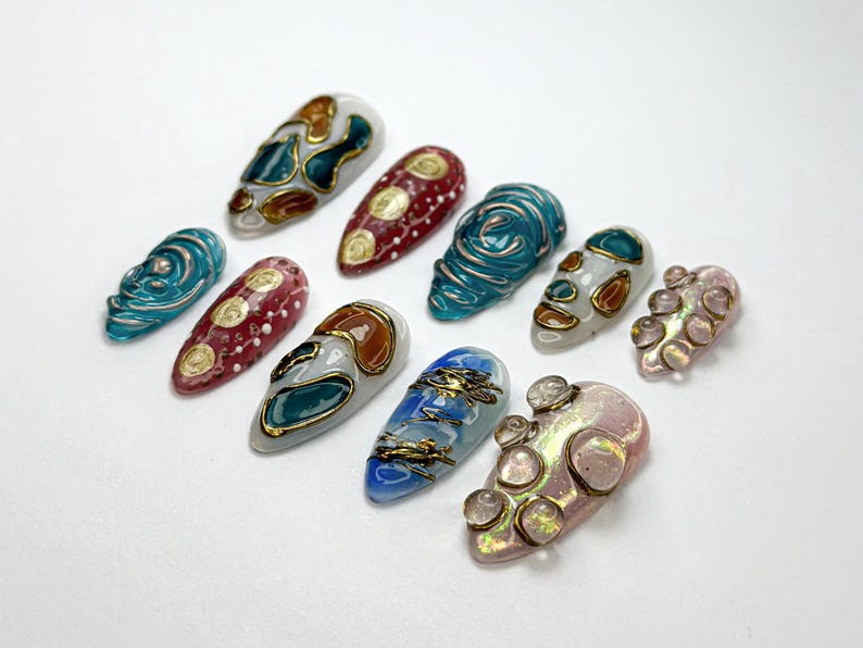 Luxury Gemstone Press on Nails | 3D Crystal Nail Art | Gold & Blue ...