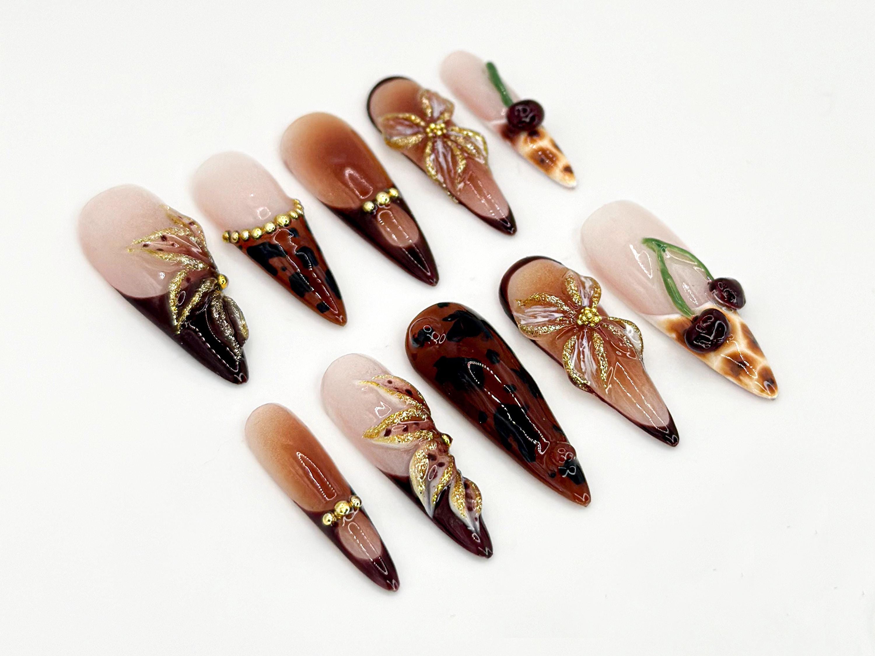 Brown Tortoise Shell Press on Nails | Handmade Gold Floral Accent Nails ...