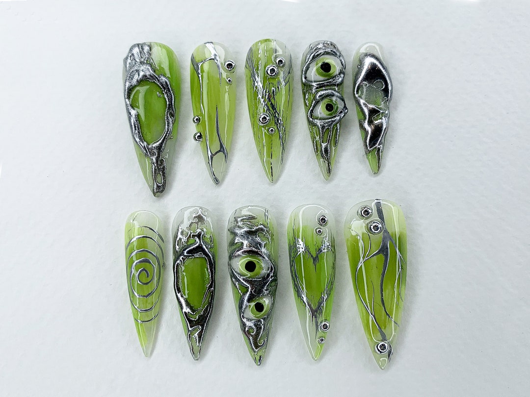 Cool Gothic Press on Nails | Chic Punk Emo Neon Colour Almond Nails ...