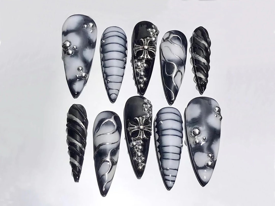 Black & White Y2k Press on Nails | Y2K 3D Raised Gel Nails | Ombre Art ...