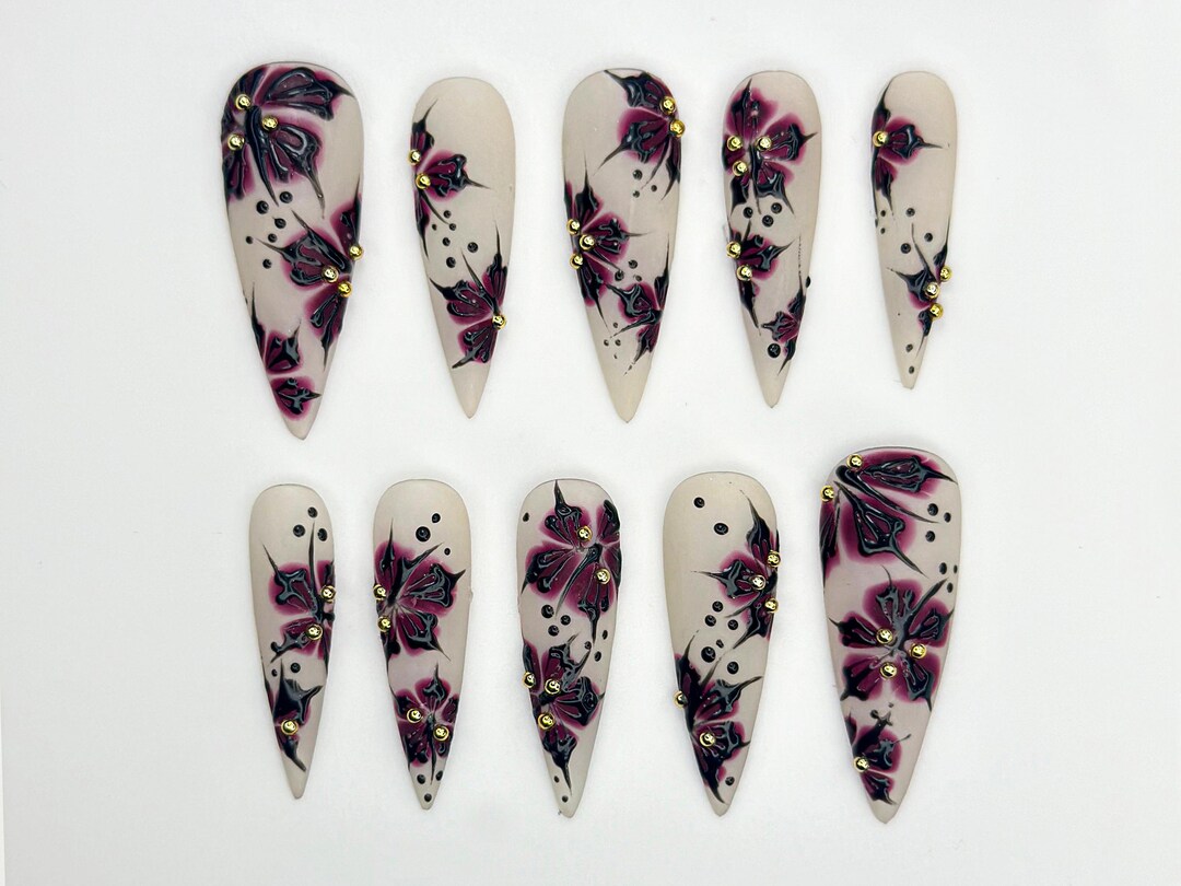 Dark Blossom Stiletto Press on Nails | 3D Handcrafted Gothic Flower ...