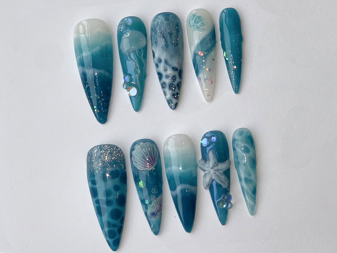 Ocean-inspired Press on Nails Stunning Shell and Starfish Design on ...