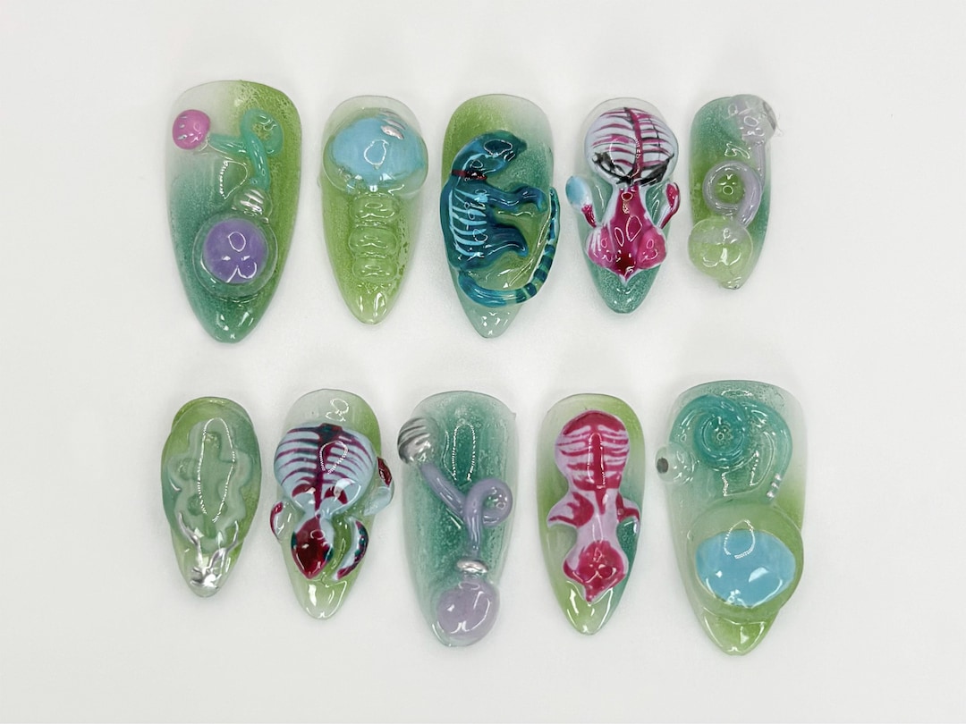 Bio-experiment Press on Nails | 3D Fossil and Skeleton Details | Glow ...
