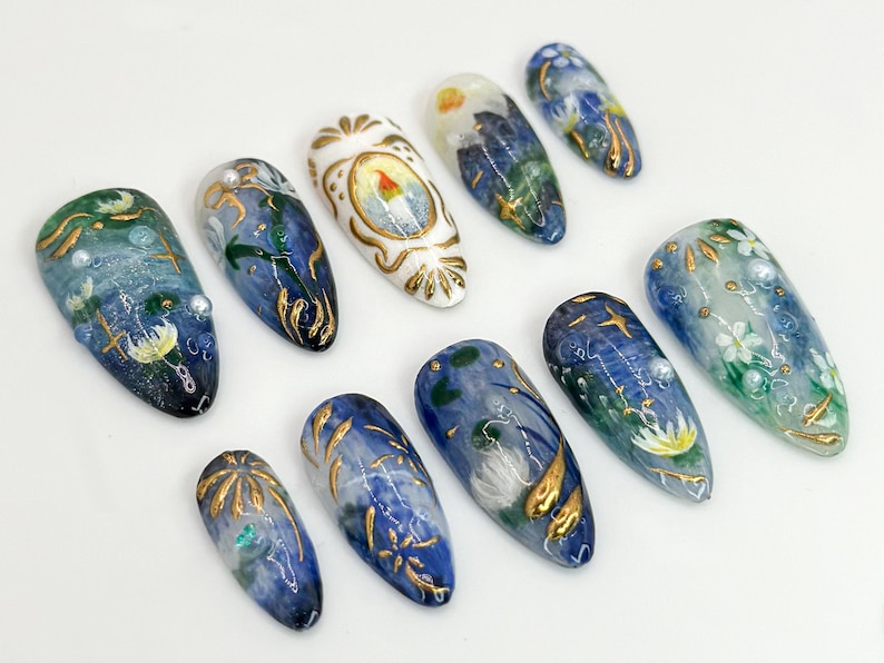 Handcrafted Galaxy Press on Nails | Blue and Gold Star Nails | Mystical ...