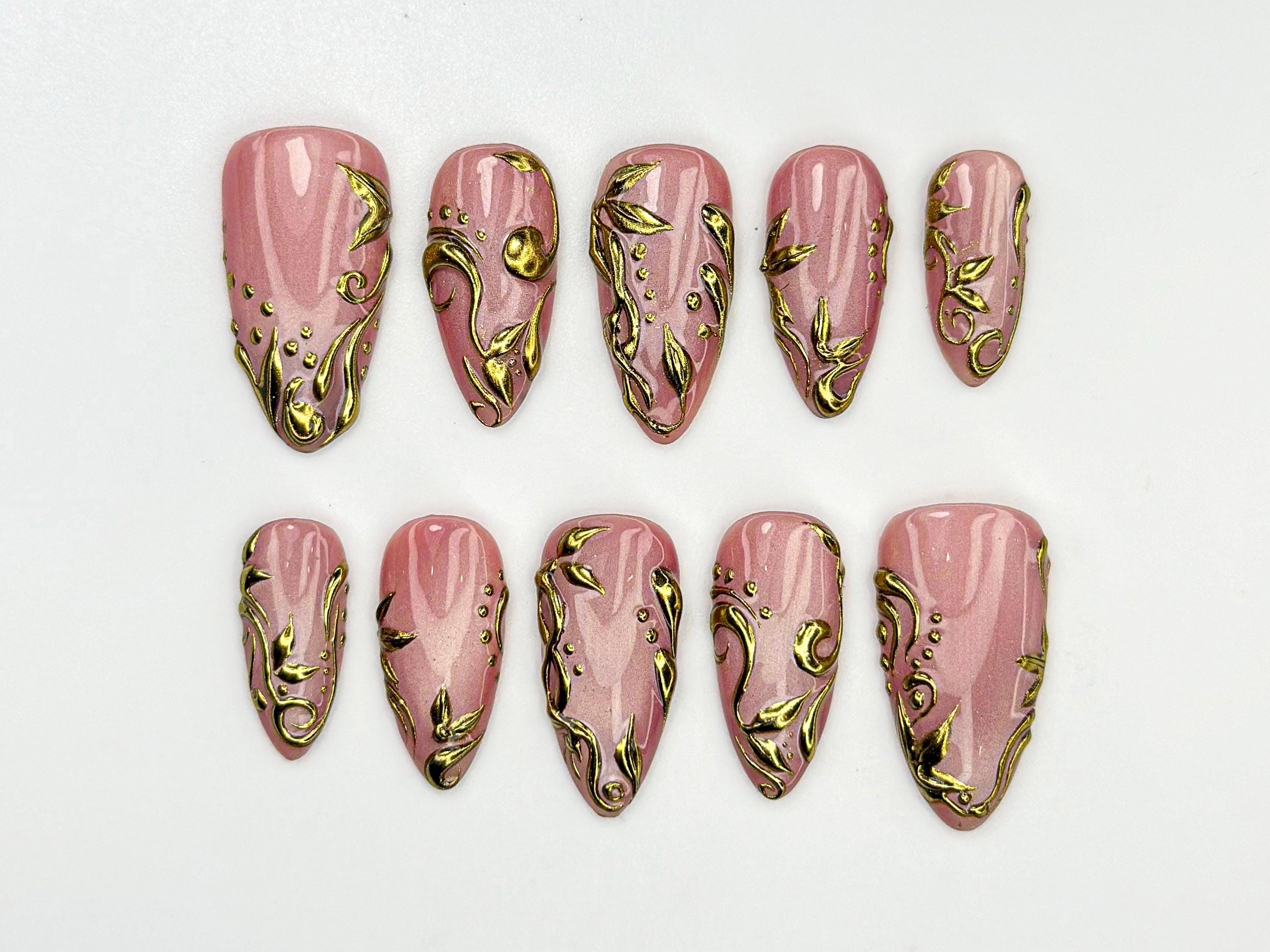 Elegant Pink Gold Press on Nails | 3D Vintage Regal Nails | Pearl Pink ...