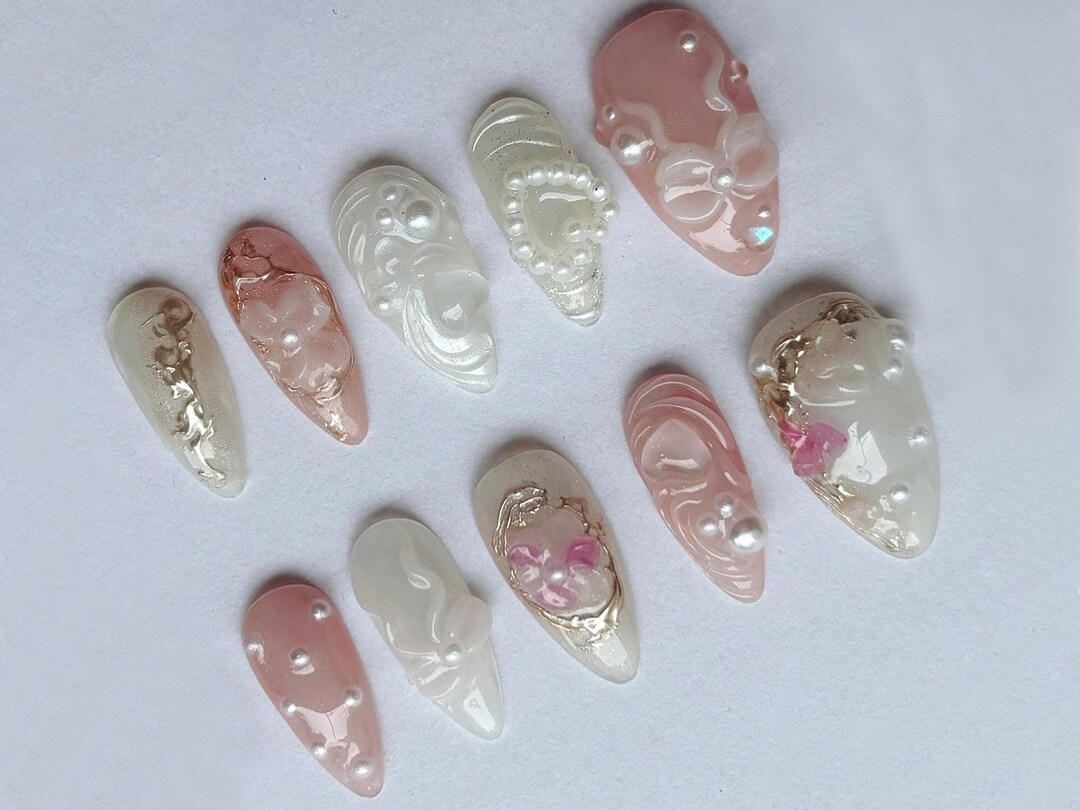 Pastel Pink Gel Nails Gel-embossed Press on Nails With Elegant Designs ...