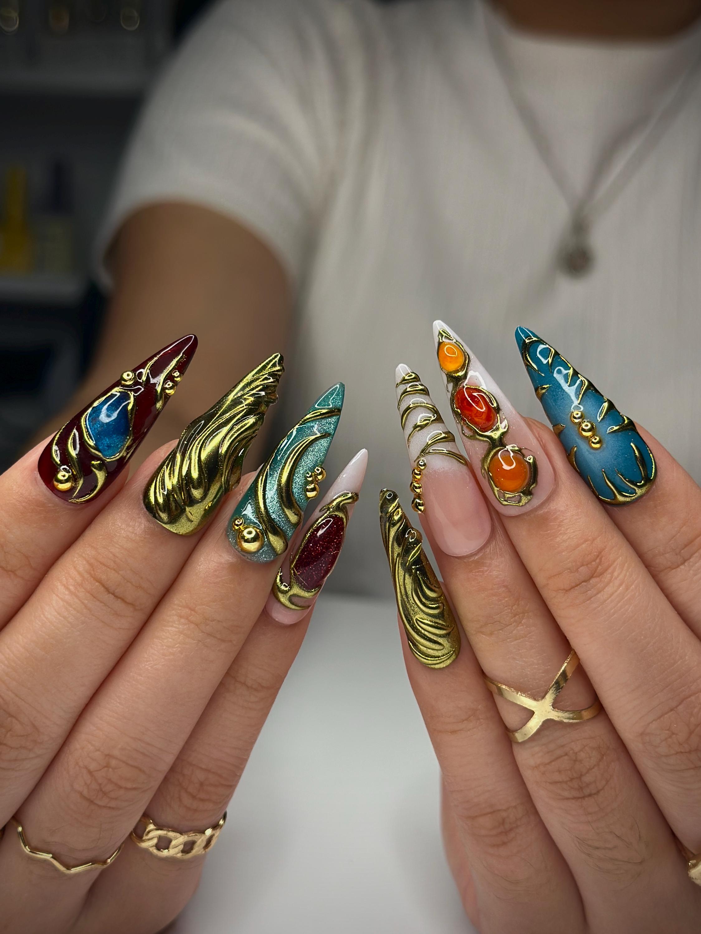 Colorful 3D Texture Press on Nails | 3D Gemstone Royalty Nail Art ...