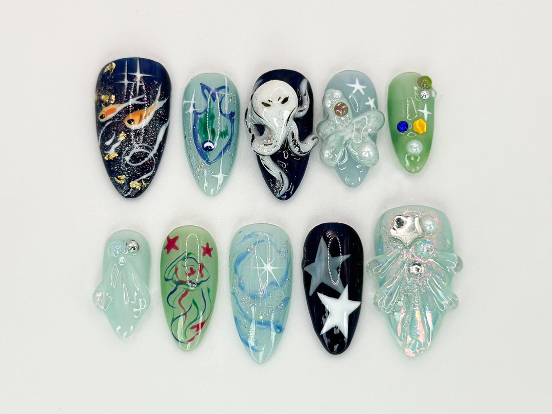 Ocean Wonders Press on Nails | Jellyfish, Starfish & Seaweed Designs ...