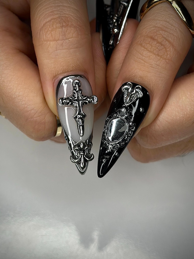 Gothic Silver Sword Press on Nails | 3D Cross & Dagger Nail Art ...