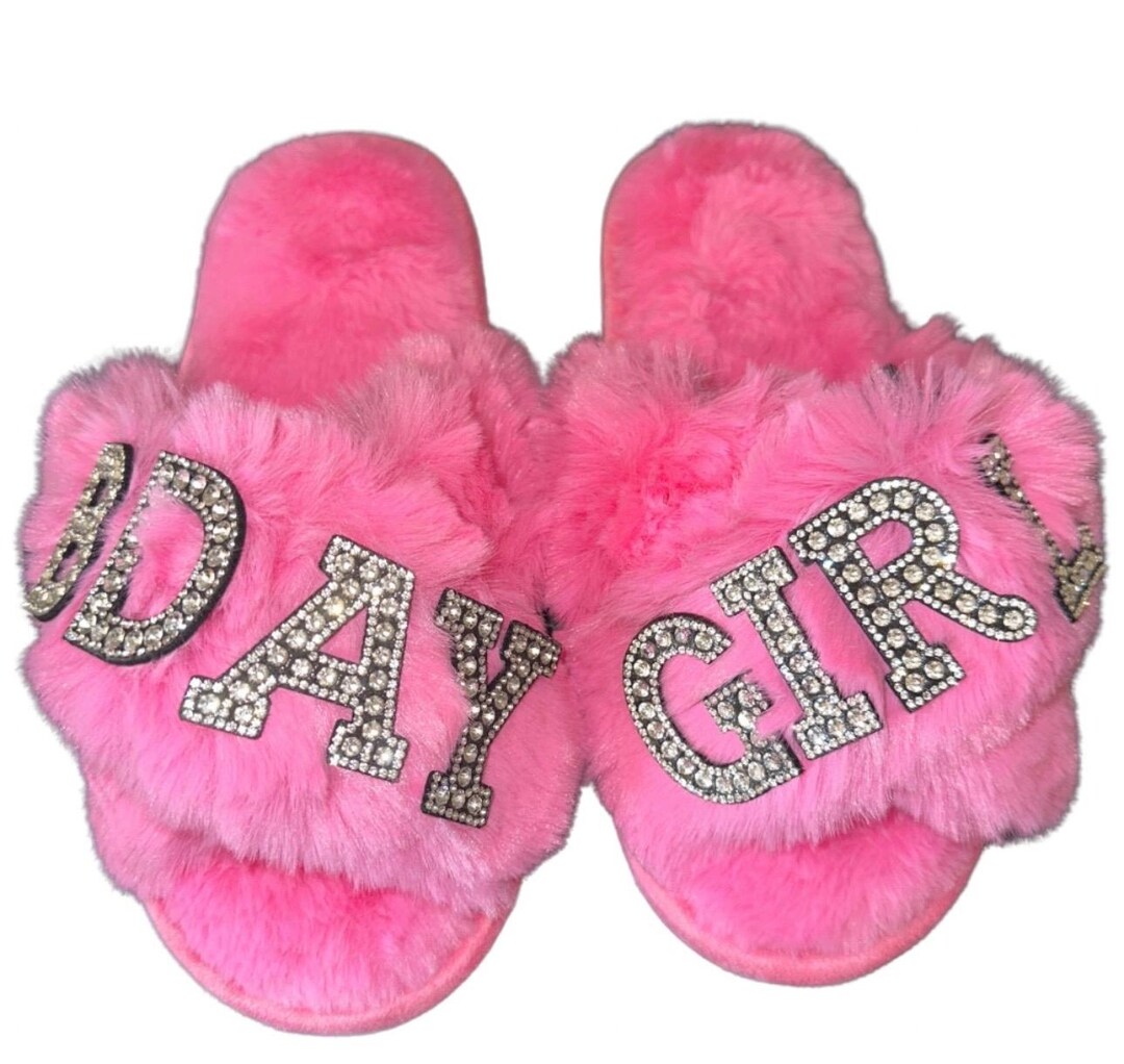 Bday Girl Fur Slippers/custom Birthday Shoes/ Custom Bday Slides/custom ...