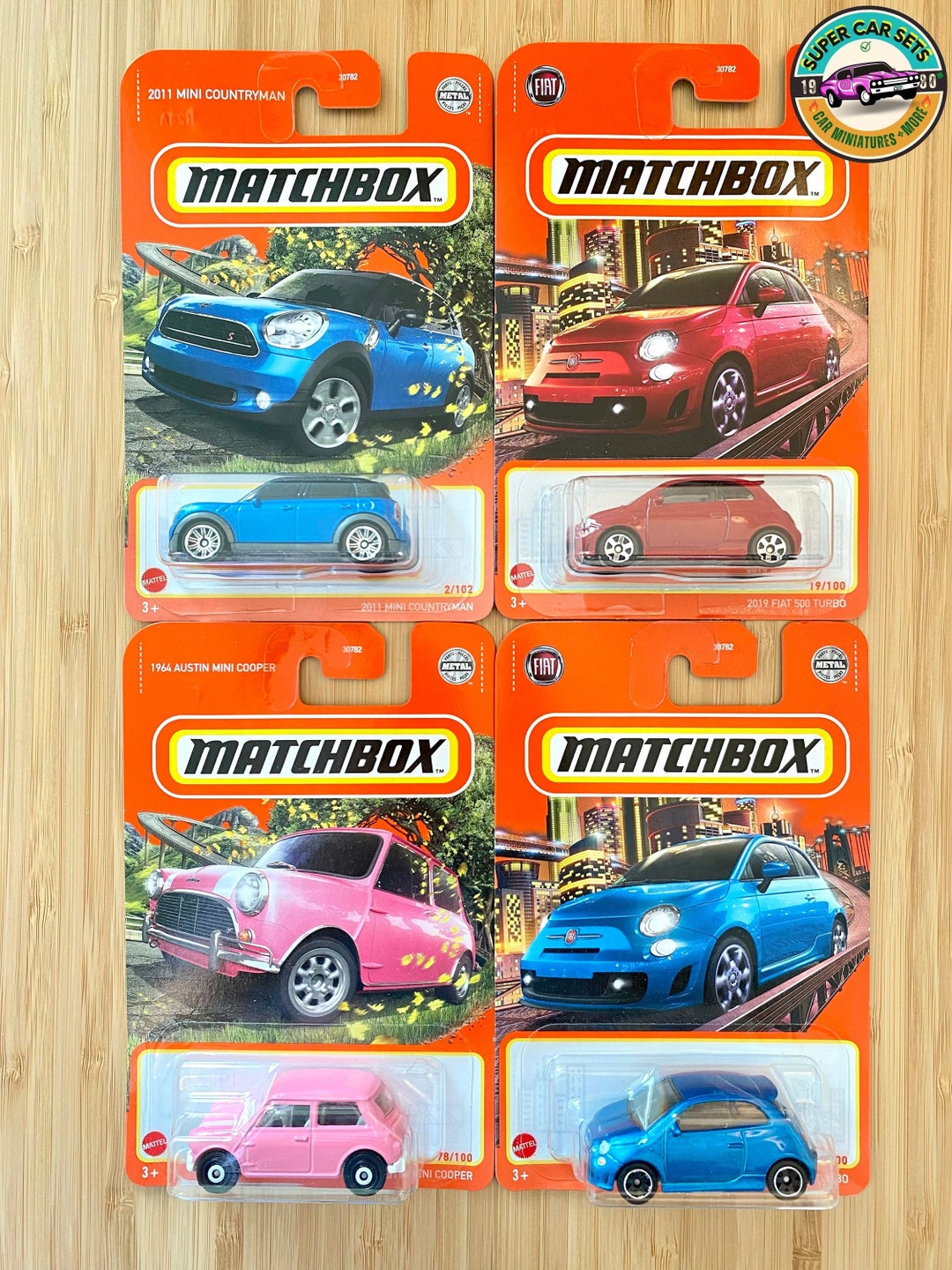 4 Small Big Minis Cars Set • 1964 Austin Mini Cooper • 2019 Fiat 500 ...