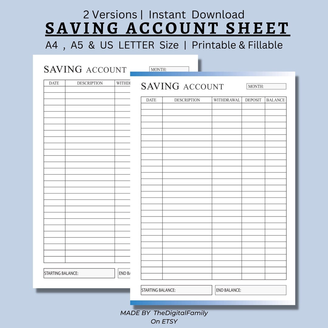 Savings Account Sheet Printable Personal Savings Tracker - Etsy