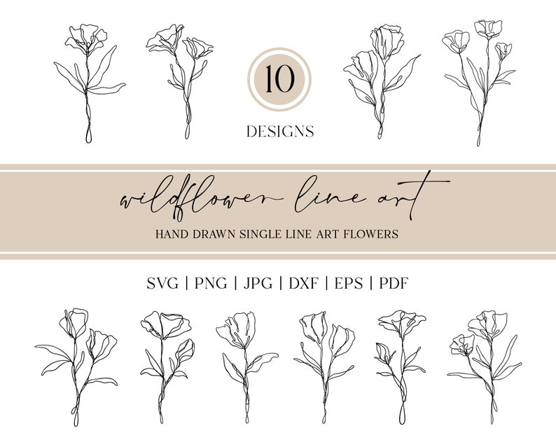 10 Wildflower SVG Line Art Bundle Unique Floral Clipart Set Cute Dainty ...