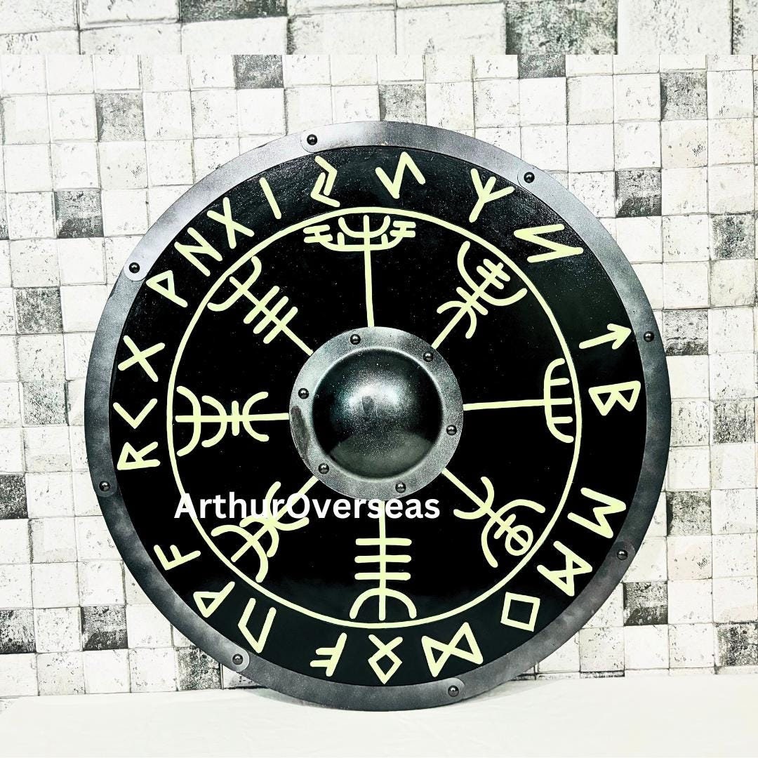 Medieval Viking Shield Vegvisir Compass Black Round Shield Slavic Runes ...